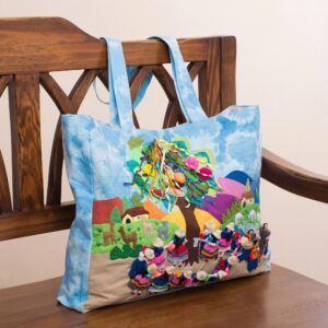 NOVICA Artisan Handmade Cotton Blend Tote Cultural Arpillera Patchwork from Peru Handbags Multicolor ' Yunza Carnival'