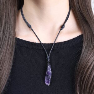 COAI Leather Cord Healing Crystal Raw Amethyst Necklace