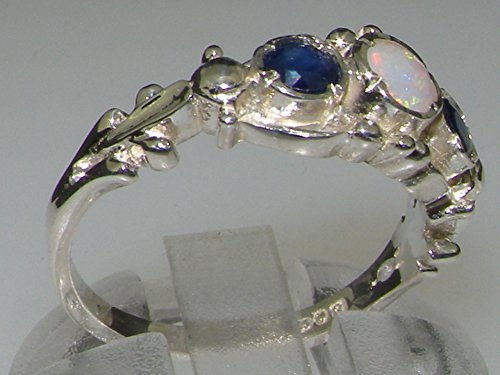 925 Sterling Silver Natural Opal and Sapphire Womens Anniversary Ring - Size 4.25