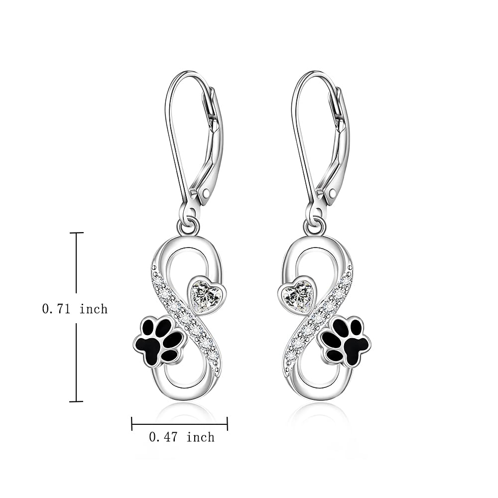 Cat Dog Paw Print Earrings for Women Sterling Silver Valentine Infinity Heart Puppy Claw Leverback Drop Dangle Earrings Cute Animal Memorial Jewelry Valentines Day Gifts