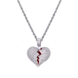 pamtier women's iced out full diamond broken heart pendant necklace chain silver gold (mini heart silver)