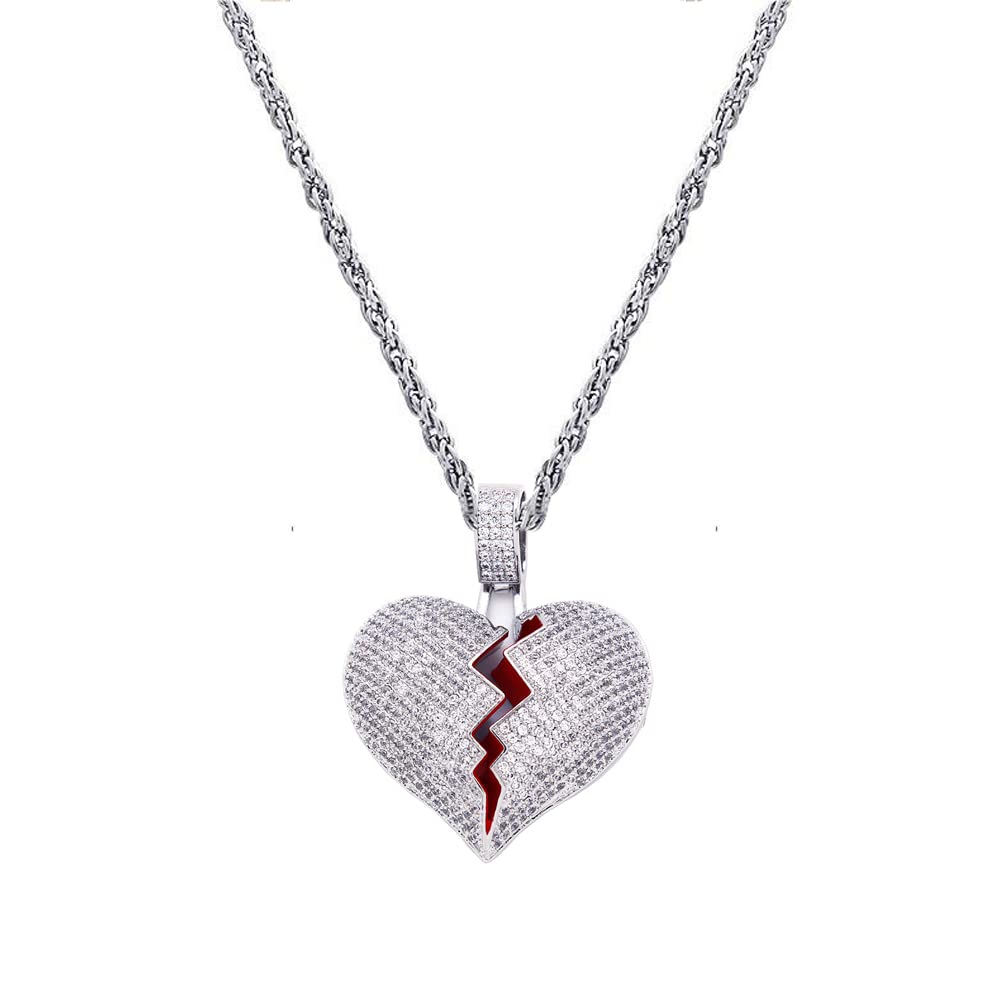 PAMTIER Women's Iced Out Full Diamond Broken Heart Pendant Necklace Chain Silver Gold (Mini Heart Silver)