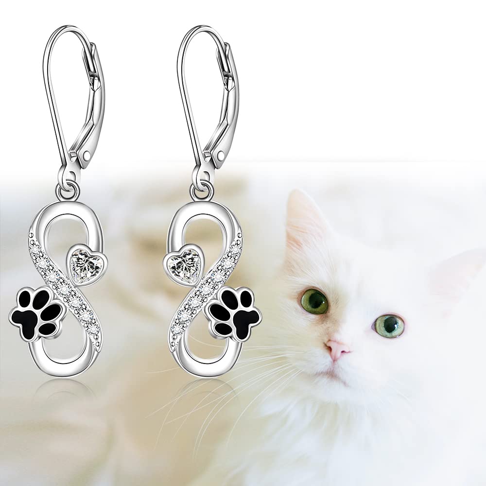 Cat Dog Paw Print Earrings for Women Sterling Silver Valentine Infinity Heart Puppy Claw Leverback Drop Dangle Earrings Cute Animal Memorial Jewelry Valentines Day Gifts