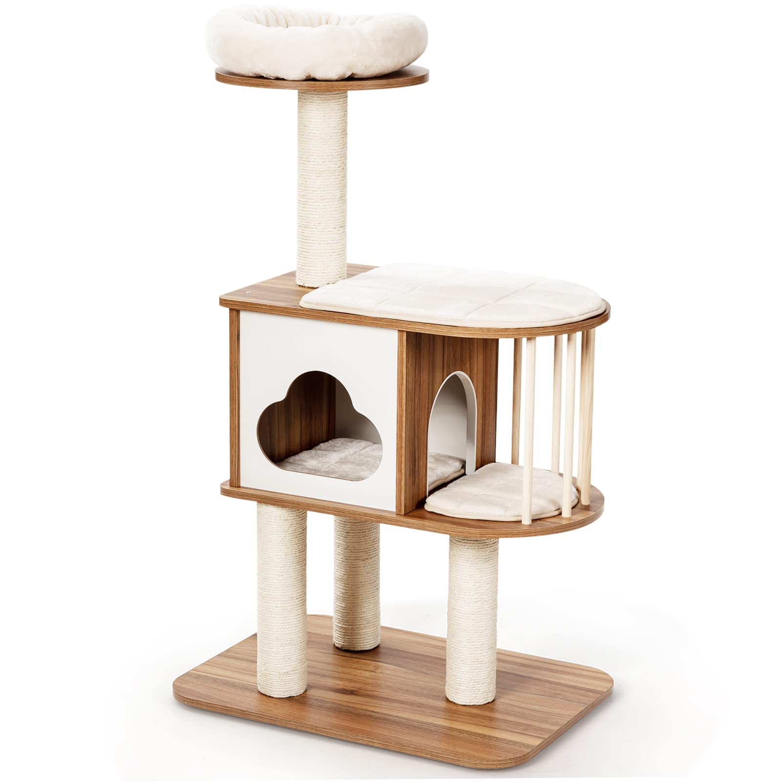 PETSITE 46 Inches Wood Cat Tree for Indoor Cats, Modern Cat Tower with Scratching Posts, Cat Condo and Detachable & Washable Cushions, Multi-Level Cat Tree for Large Cats (Natural)