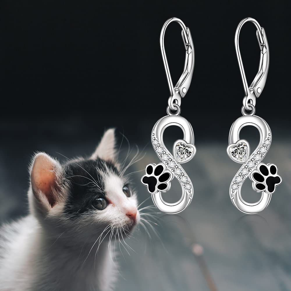 Cat Dog Paw Print Earrings for Women Sterling Silver Valentine Infinity Heart Puppy Claw Leverback Drop Dangle Earrings Cute Animal Memorial Jewelry Valentines Day Gifts