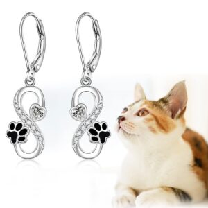 Cat Dog Paw Print Earrings for Women Sterling Silver Valentine Infinity Heart Puppy Claw Leverback Drop Dangle Earrings Cute Animal Memorial Jewelry Valentines Day Gifts