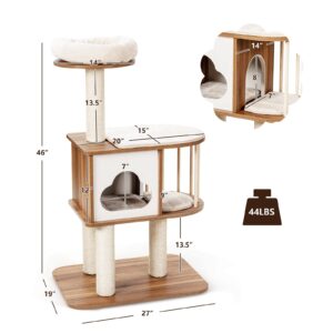 PETSITE 46 Inches Wood Cat Tree for Indoor Cats, Modern Cat Tower with Scratching Posts, Cat Condo and Detachable & Washable Cushions, Multi-Level Cat Tree for Large Cats (Natural)