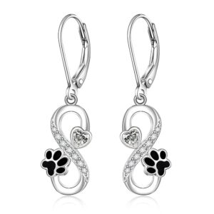 cat dog paw print earrings for women sterling silver valentine infinity heart puppy claw leverback drop dangle earrings cute animal memorial jewelry valentines day gifts