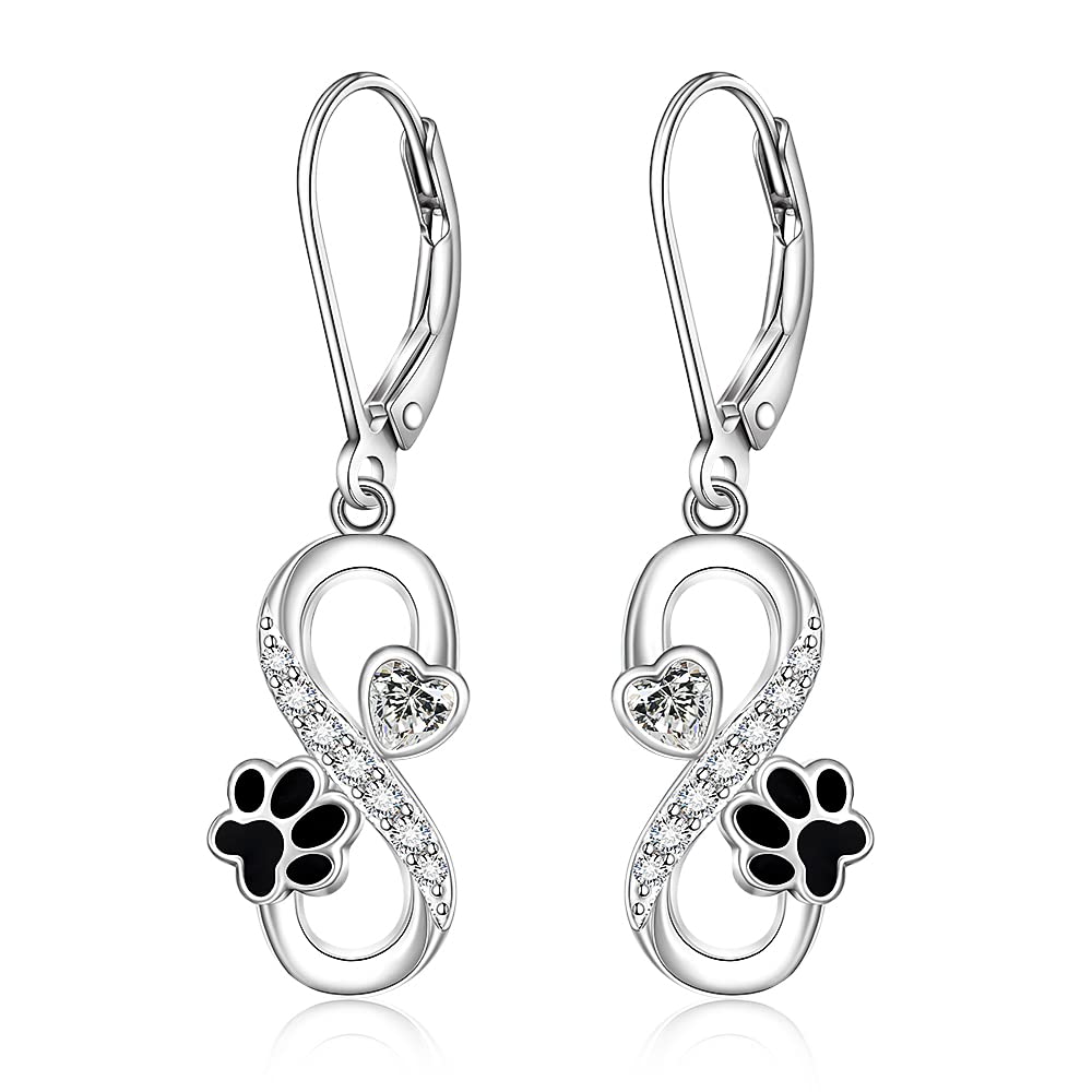 Cat Dog Paw Print Earrings for Women Sterling Silver Valentine Infinity Heart Puppy Claw Leverback Drop Dangle Earrings Cute Animal Memorial Jewelry Valentines Day Gifts