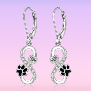 Cat Dog Paw Print Earrings for Women Sterling Silver Valentine Infinity Heart Puppy Claw Leverback Drop Dangle Earrings Cute Animal Memorial Jewelry Valentines Day Gifts