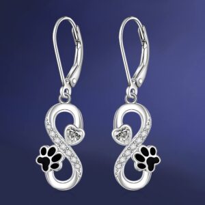 Cat Dog Paw Print Earrings for Women Sterling Silver Valentine Infinity Heart Puppy Claw Leverback Drop Dangle Earrings Cute Animal Memorial Jewelry Valentines Day Gifts