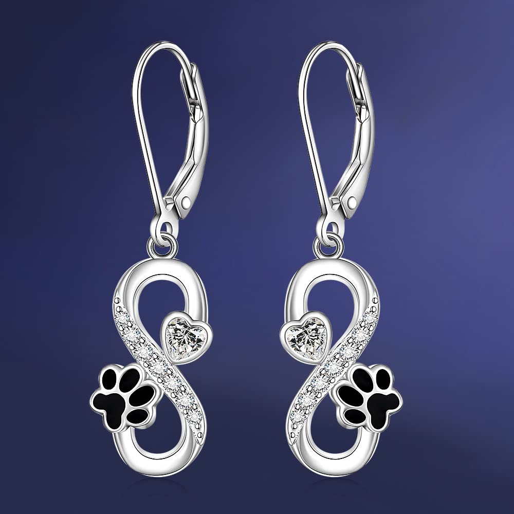 Cat Dog Paw Print Earrings for Women Sterling Silver Valentine Infinity Heart Puppy Claw Leverback Drop Dangle Earrings Cute Animal Memorial Jewelry Valentines Day Gifts