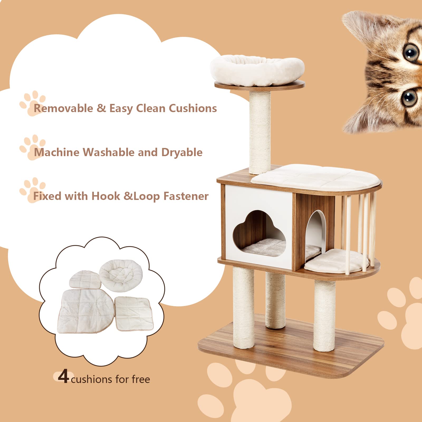 PETSITE 46 Inches Wood Cat Tree for Indoor Cats, Modern Cat Tower with Scratching Posts, Cat Condo and Detachable & Washable Cushions, Multi-Level Cat Tree for Large Cats (Natural)