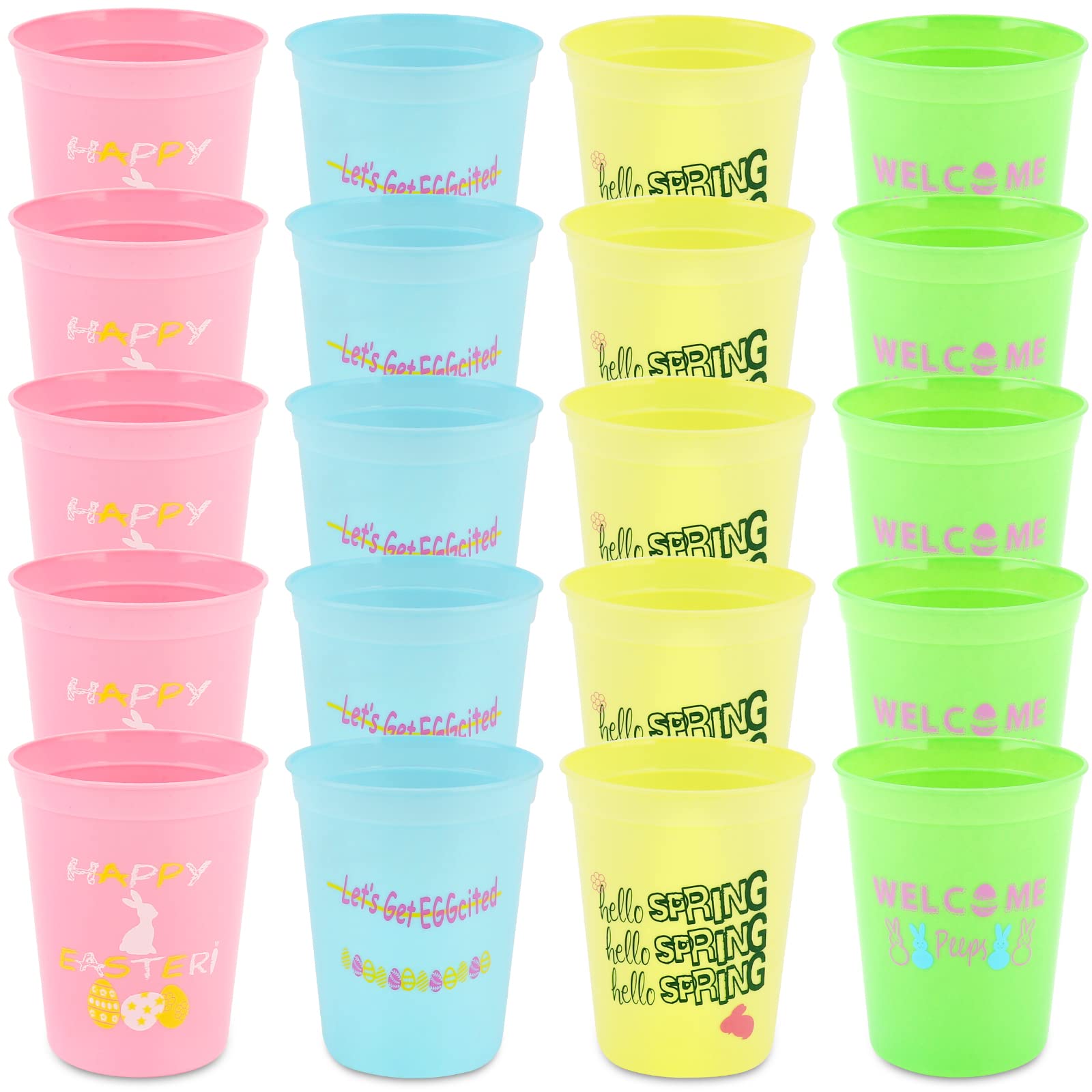 Ainibar Easter Disposable Plastic Party Cups - 20 Pack Reusable Tumblers, 16oz Plastic Stadium Cups, 4 Festive Drinking Pun Designs, Perfect for Easter Day Party Supplies