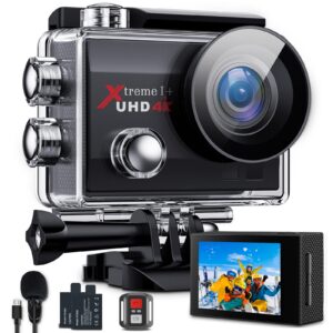 gotcam uhd 4k wifi action camera 20mp underwater 131ft waterproof camera 2inch color screen 170° wide angle eis sports cam with external mic remote 2 batteries and helmet accessories kit, black