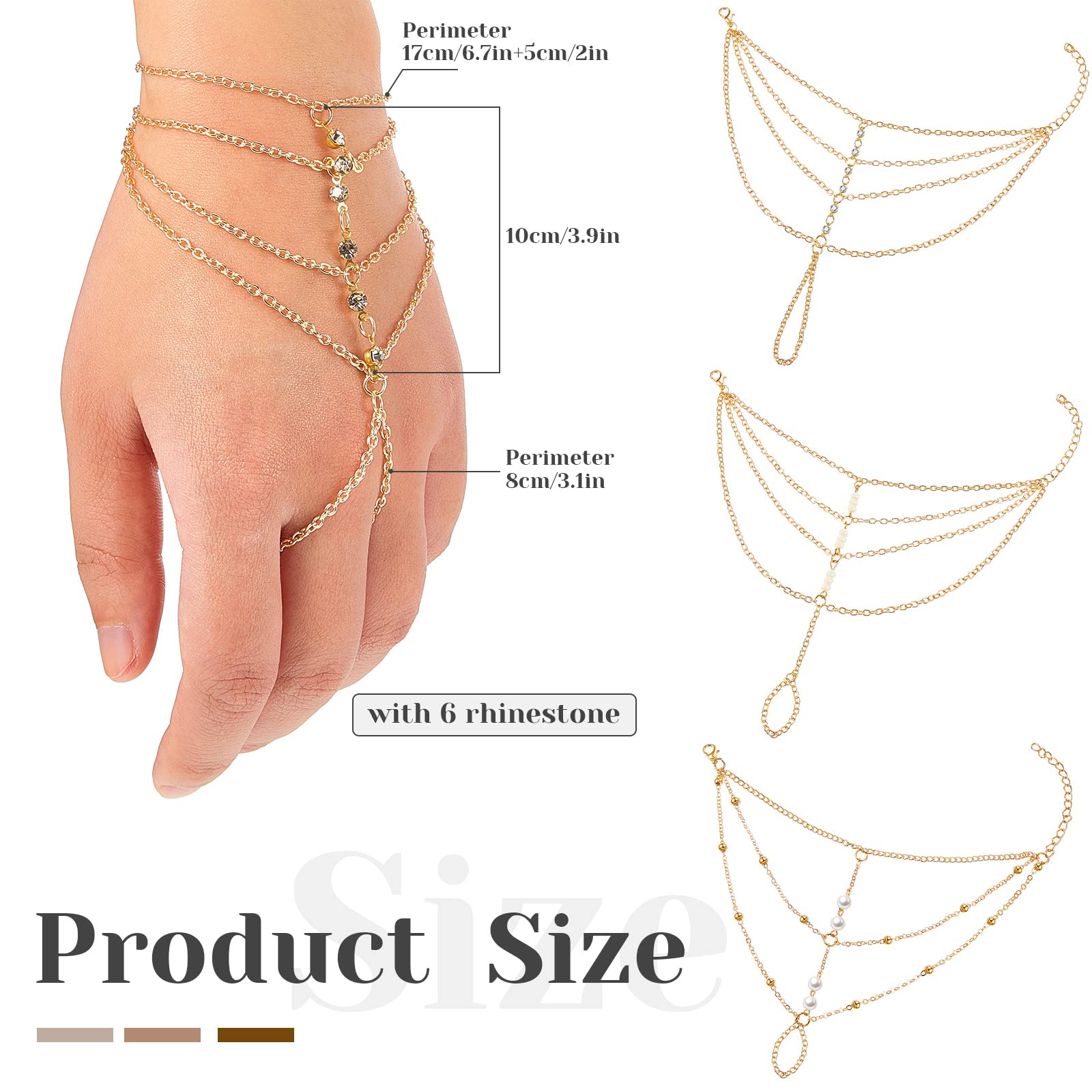 MTLEE 3 Pieces Ring Bracelet Hand Chain Finger Ring Bracelet Gold Tassel Hand Jewelry Slave Chain for Women, 3 Styles