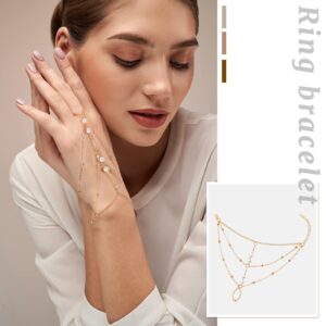 MTLEE 3 Pieces Ring Bracelet Hand Chain Finger Ring Bracelet Gold Tassel Hand Jewelry Slave Chain for Women, 3 Styles