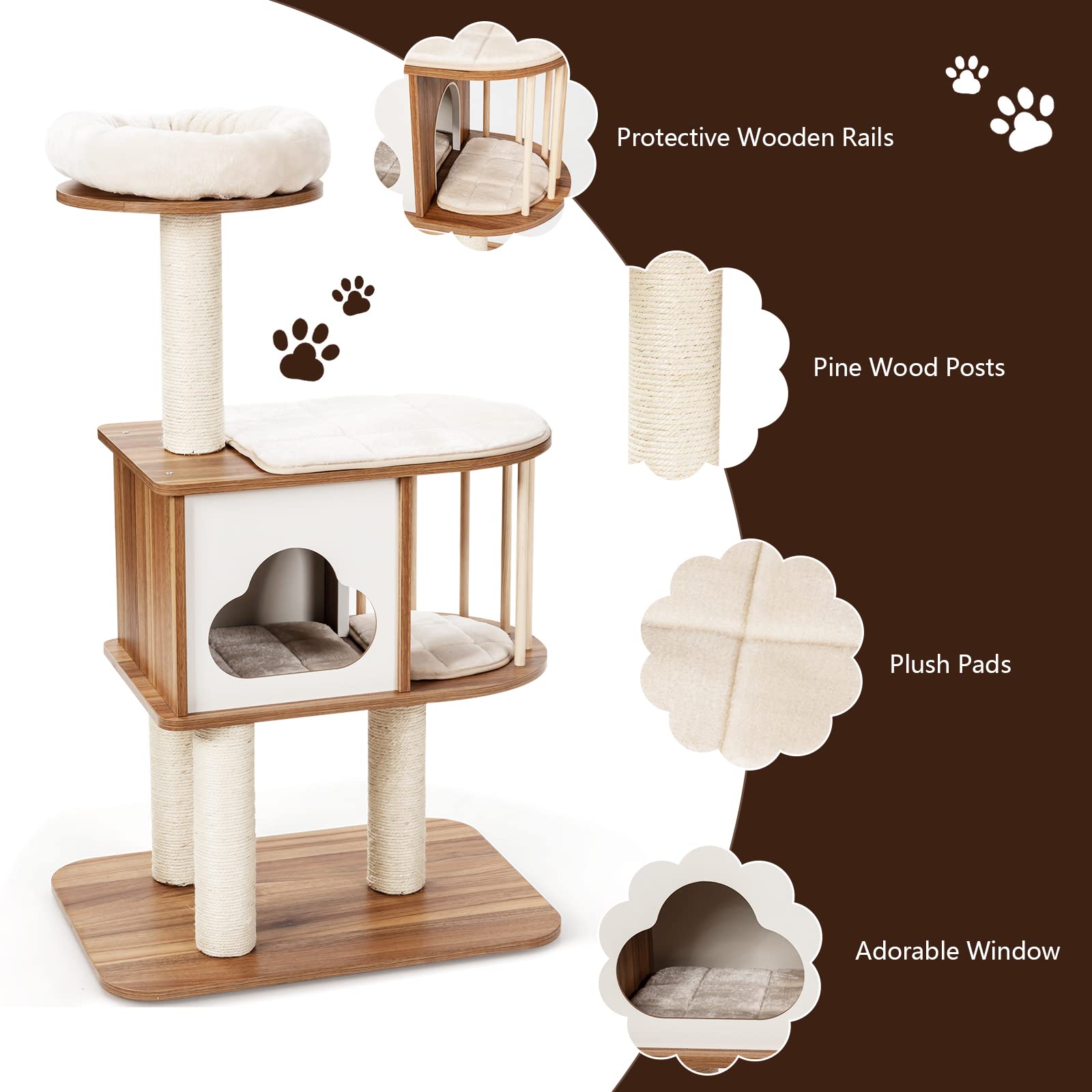 PETSITE 46 Inches Wood Cat Tree for Indoor Cats, Modern Cat Tower with Scratching Posts, Cat Condo and Detachable & Washable Cushions, Multi-Level Cat Tree for Large Cats (Natural)