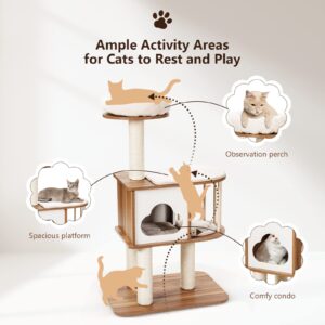 PETSITE 46 Inches Wood Cat Tree for Indoor Cats, Modern Cat Tower with Scratching Posts, Cat Condo and Detachable & Washable Cushions, Multi-Level Cat Tree for Large Cats (Natural)