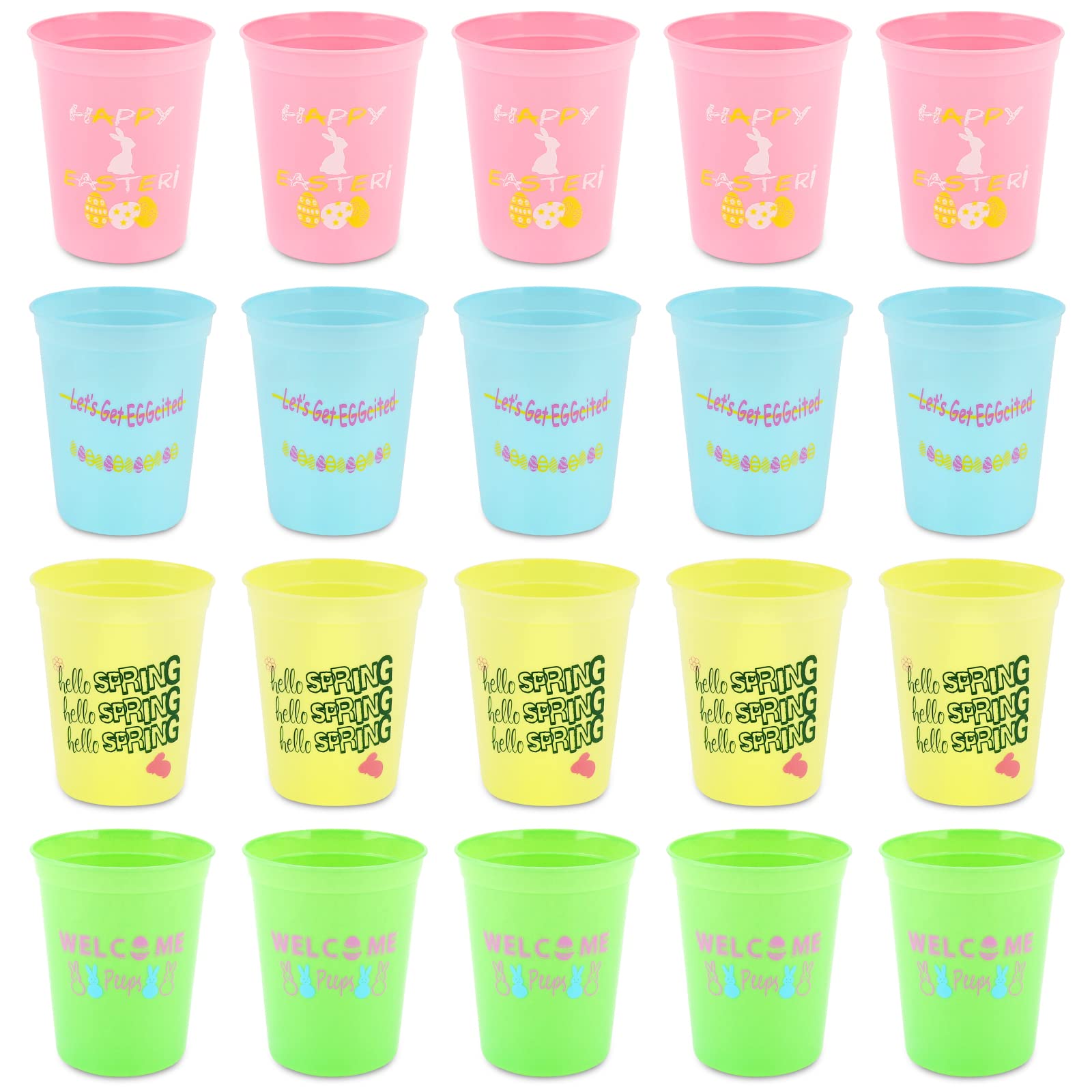 Ainibar Easter Disposable Plastic Party Cups - 20 Pack Reusable Tumblers, 16oz Plastic Stadium Cups, 4 Festive Drinking Pun Designs, Perfect for Easter Day Party Supplies