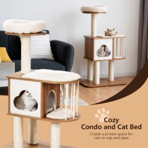 PETSITE 46 Inches Wood Cat Tree for Indoor Cats, Modern Cat Tower with Scratching Posts, Cat Condo and Detachable & Washable Cushions, Multi-Level Cat Tree for Large Cats (Natural)