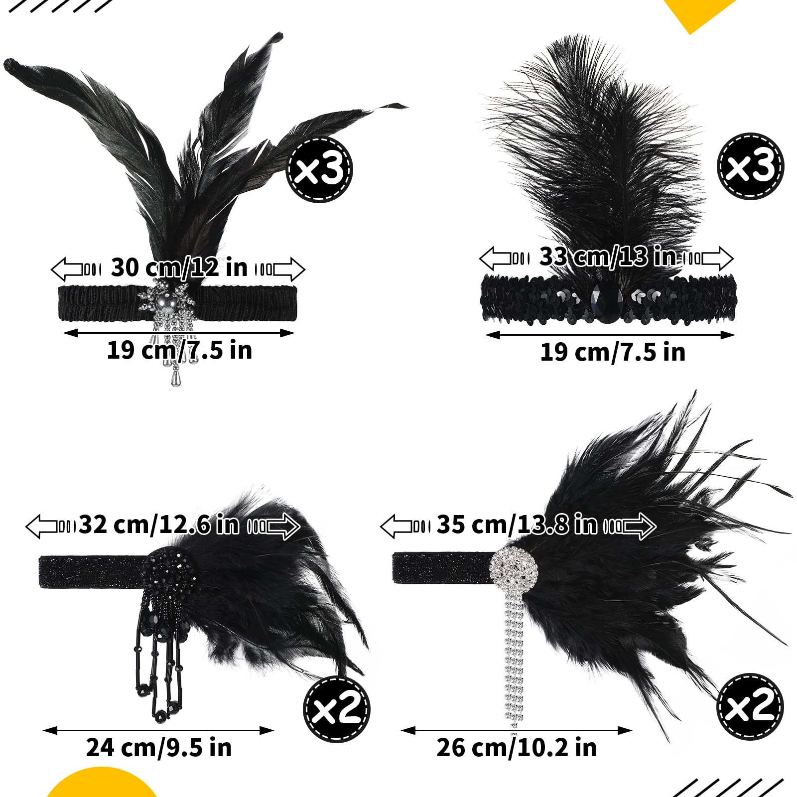 10 Pieces 1920s Vintage Black Feather Headpiece Feather Flapper Headband 20s Accessories for Women Carnival (Modern Style)