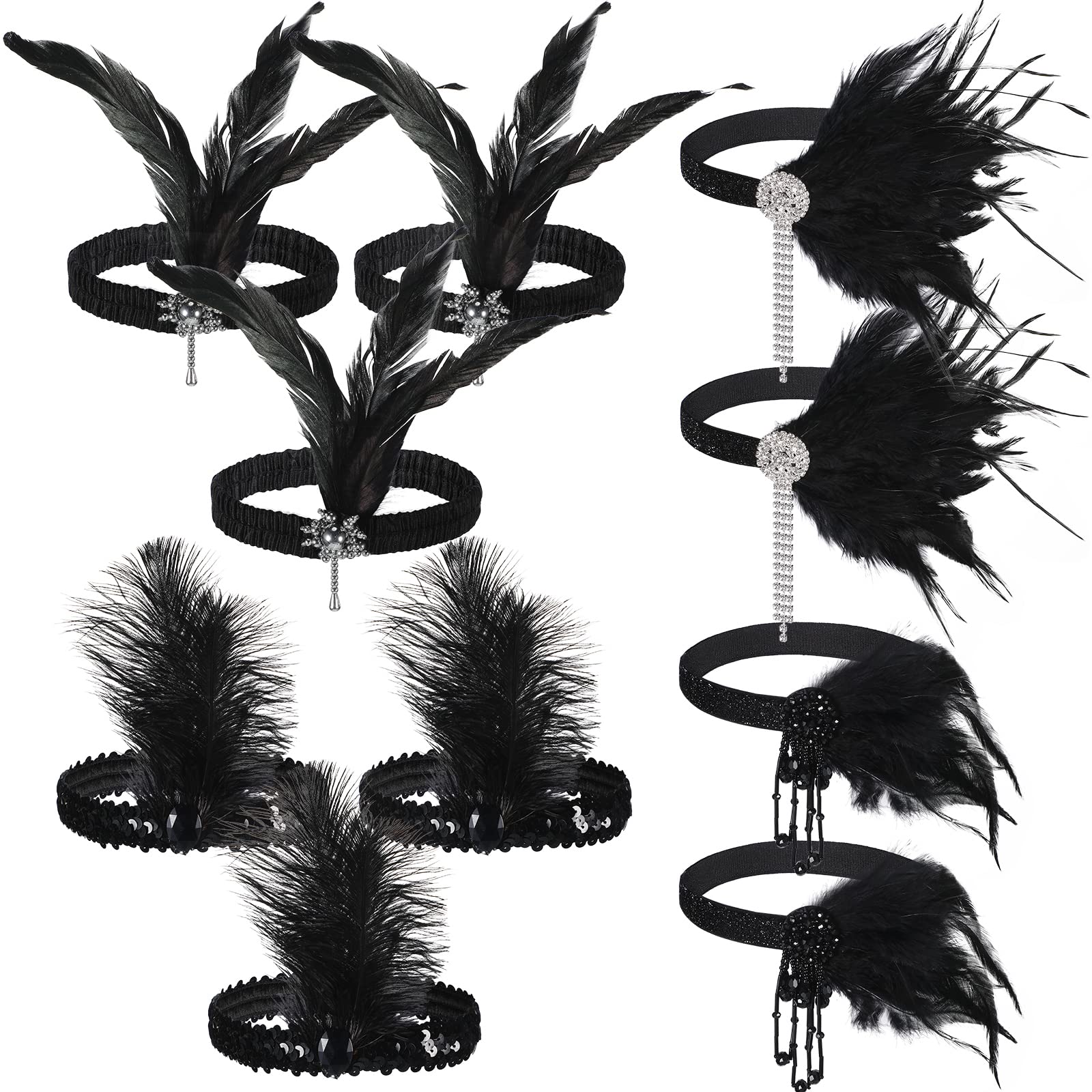 10 Pieces 1920s Vintage Black Feather Headpiece Feather Flapper Headband 20s Accessories for Women Carnival (Modern Style)