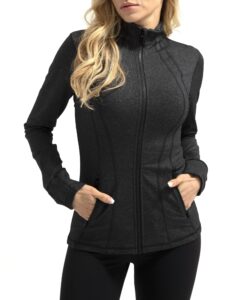 queenieke women athletic jackets cottony-soft full zip slim fit workout running jacket with pockets(xl,black blend)