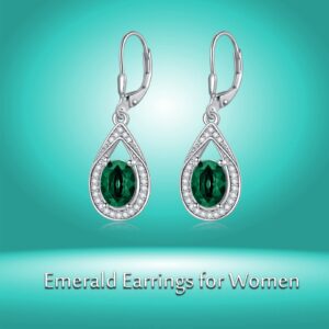 Emerald Green Leverback Earrings Sterling Silver Teardrop Earrings with Simulated May Birthstone Oval Crystal from Austria