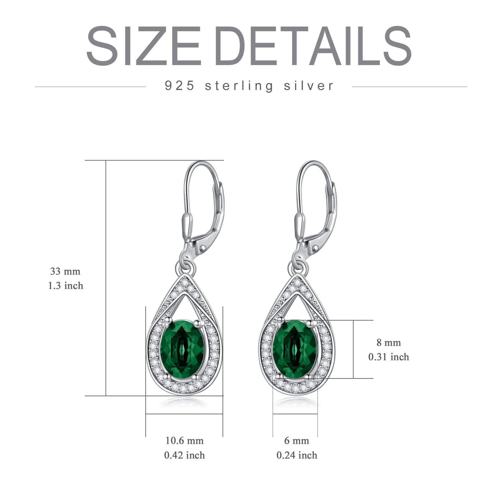 Emerald Green Leverback Earrings Sterling Silver Teardrop Earrings with Simulated May Birthstone Oval Crystal from Austria