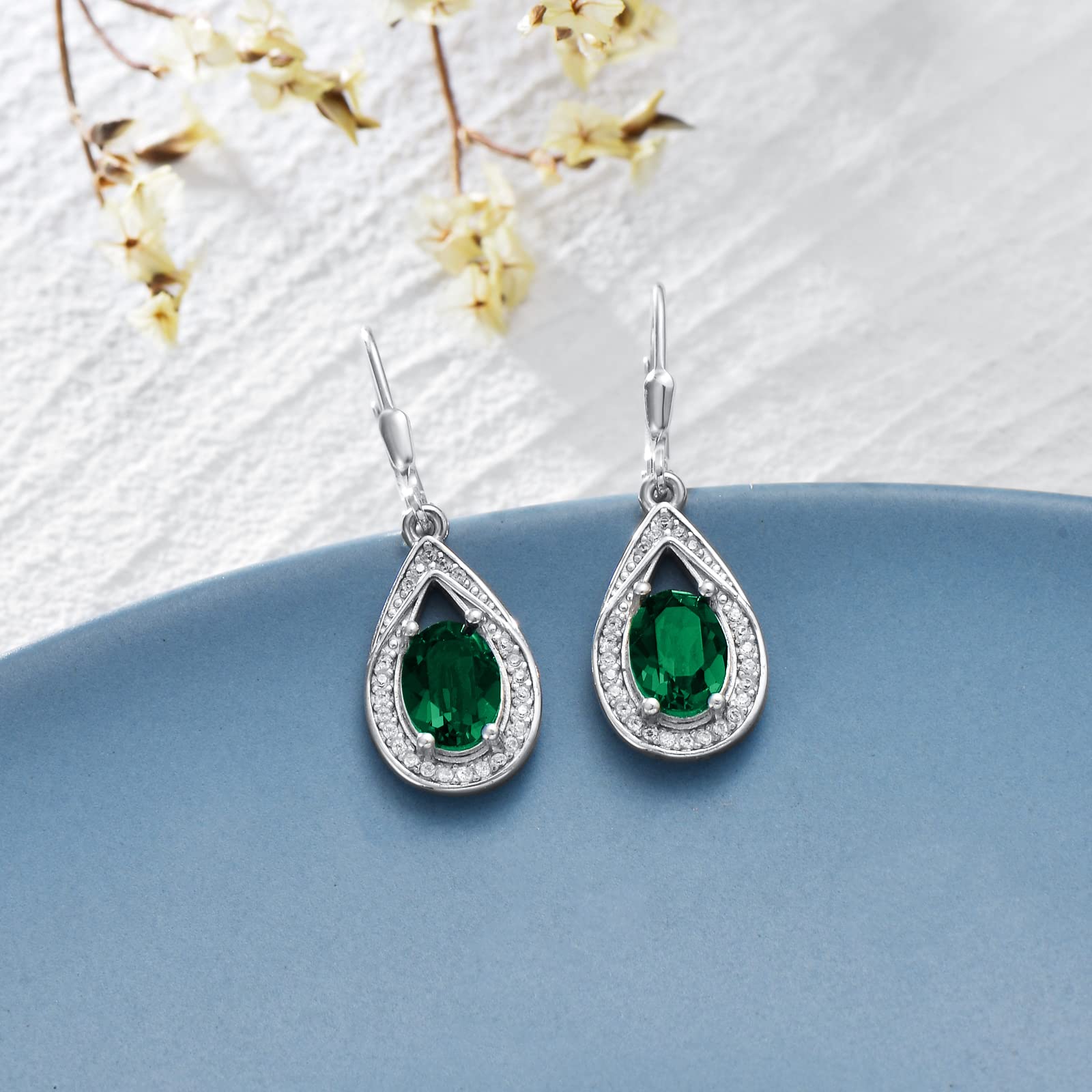 Emerald Green Leverback Earrings Sterling Silver Teardrop Earrings with Simulated May Birthstone Oval Crystal from Austria