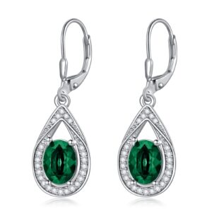 emerald green leverback earrings sterling silver teardrop earrings with simulated may birthstone oval crystal from austria