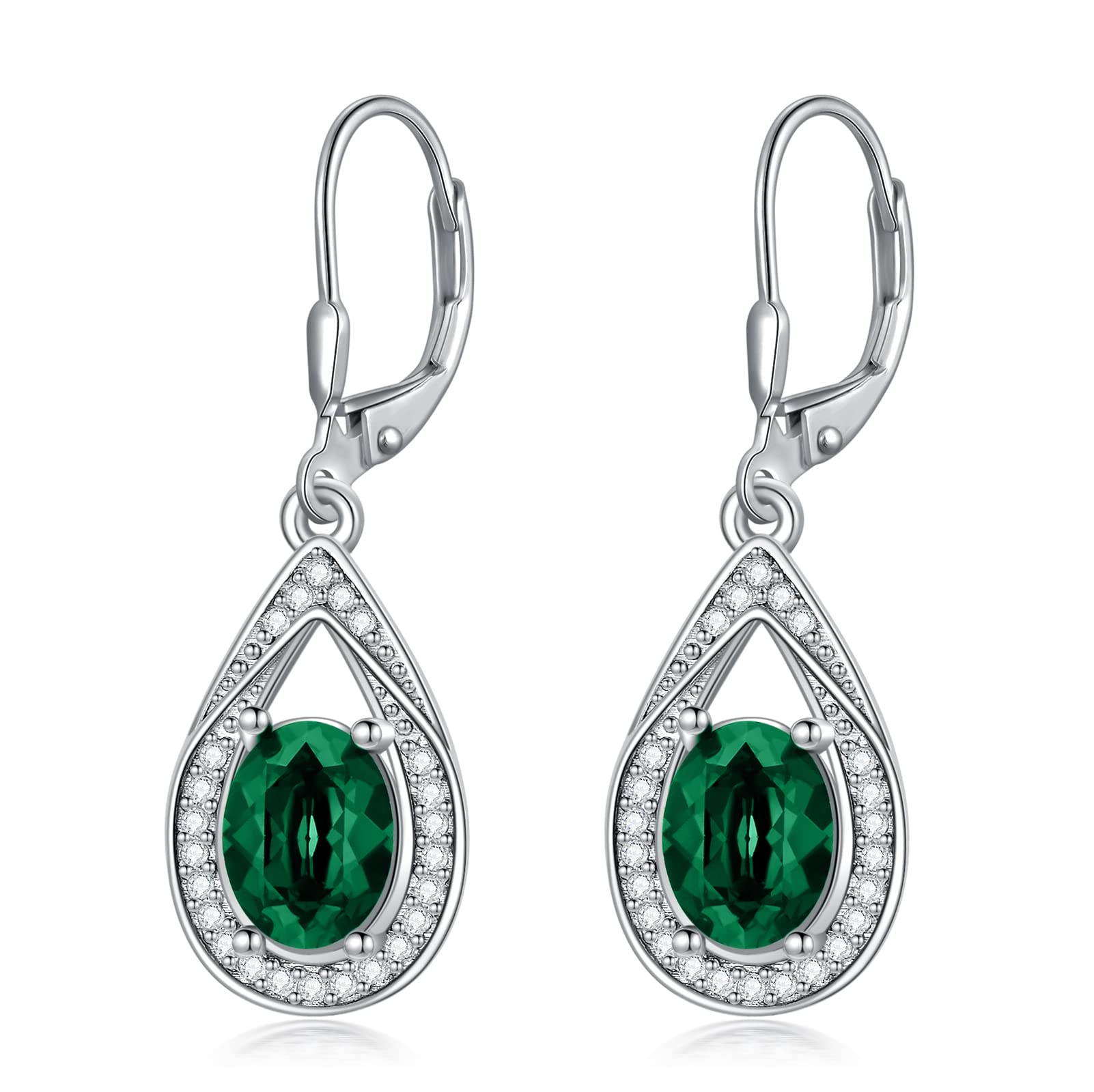 Emerald Green Leverback Earrings Sterling Silver Teardrop Earrings with Simulated May Birthstone Oval Crystal from Austria