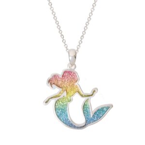 disney jewelry for women, princess ariel rainbow glitter pendant necklace, silver plated, 18”