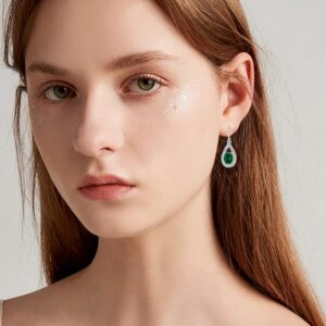 Emerald Green Leverback Earrings Sterling Silver Teardrop Earrings with Simulated May Birthstone Oval Crystal from Austria