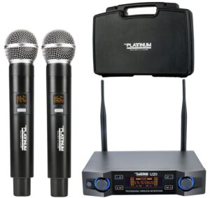 the platinum uhf wireless microphone system, 200ft uhf range metal professional dual channel handheld dynamic mic system with professional karaoke receiver, for party, ktv, meeting, wedding (tp-u20)