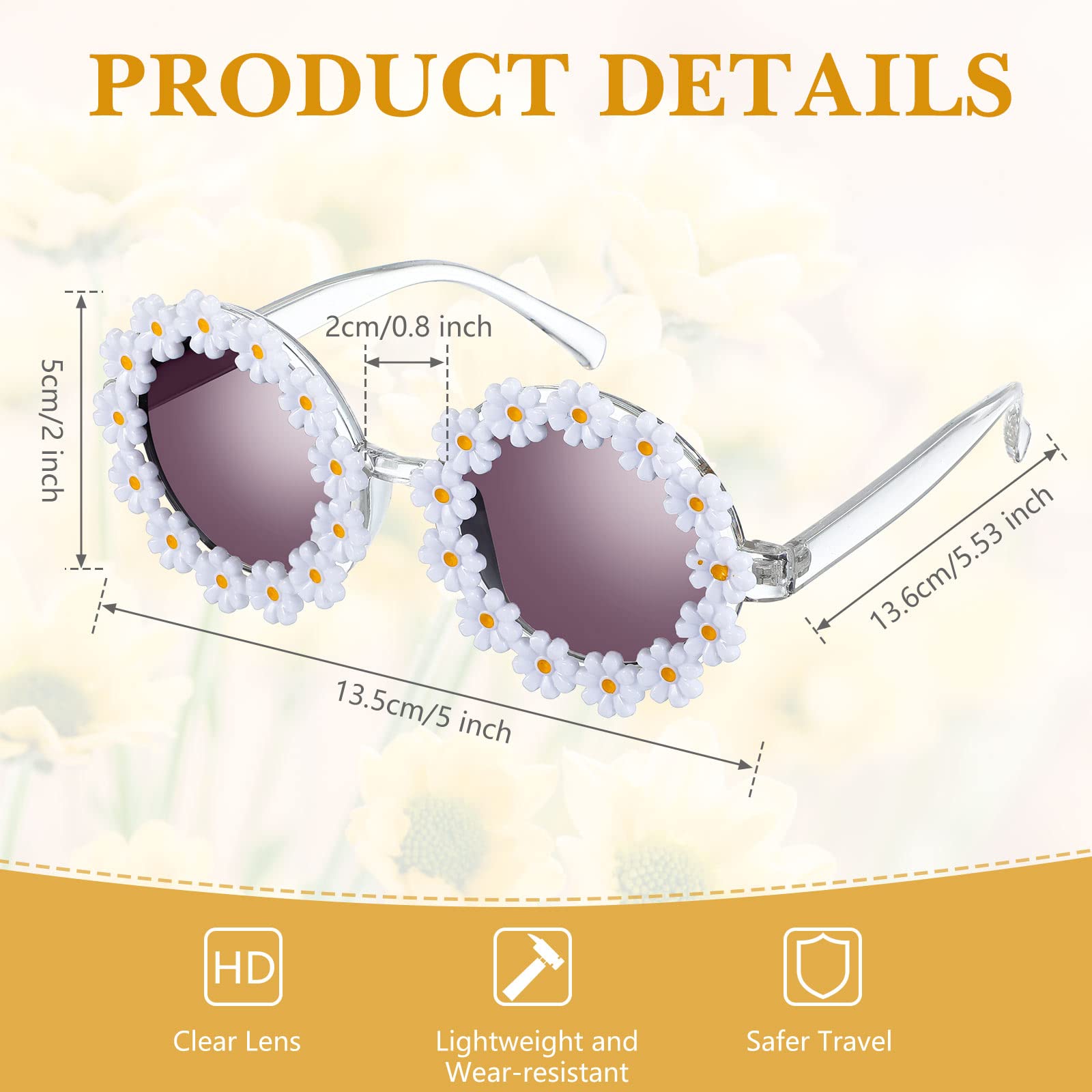 8 Pack Retro Daisy Sunglasses for Women Flower Mound Festival Sunglasses Floral Party Sunglasses Eyewear Costume Accessories (White)