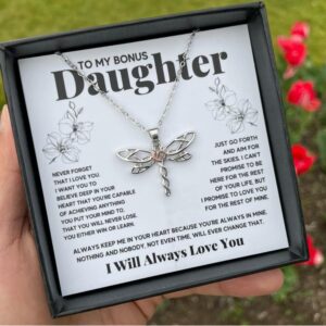 OC9 Gifts Bonus Daughter Necklace Birthday Graduation Christmas Gift with Message Card and LED Jewelry Box Gift Pendant for Step Daughter Goddaughter (Standard Box, Dragonfly)