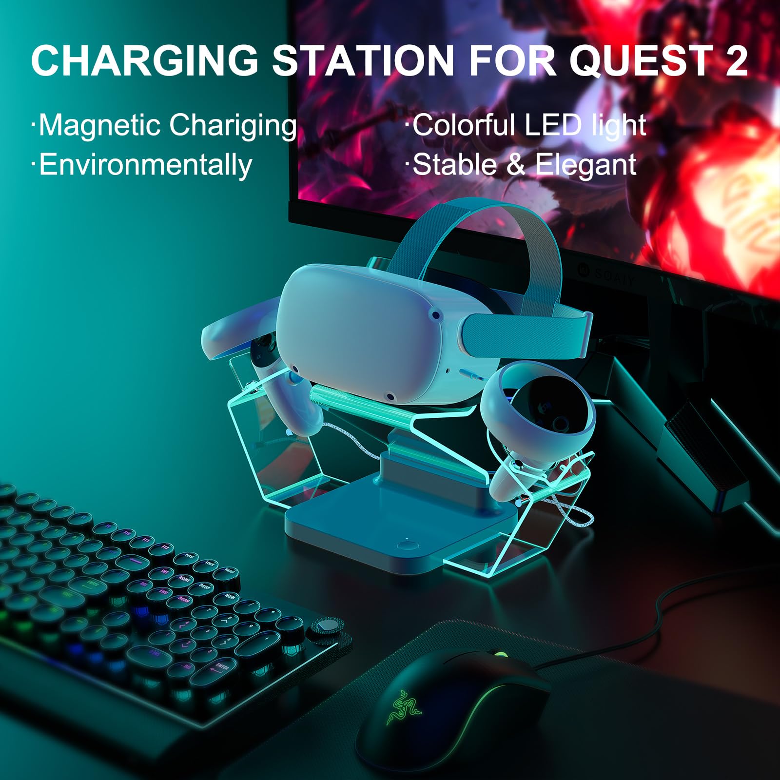 HiBloks Charging Station for Meta/Oculus Quest 2, Illuminated VR Stand for Quest 2, Magnetic Controller & Headest Display Charger with 2 Rechergeable Batteries, Battery Cover and USB-C Charger Cable