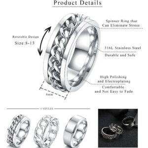 ORAZIO Mens Rings 3Pcs Silver Rings for Men Women Stainless Steel Plain Band Ring Cuban Link Chain Rings Spinner Ring Men's Promise Wedding Rings Set,Size 7