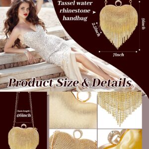 MTLEE 5 Pcs Heart Purse Rhinestone Tassel Evening Clutch Bag Valentine's Day Jewelry Set for Women Wedding Dinner (Gold)