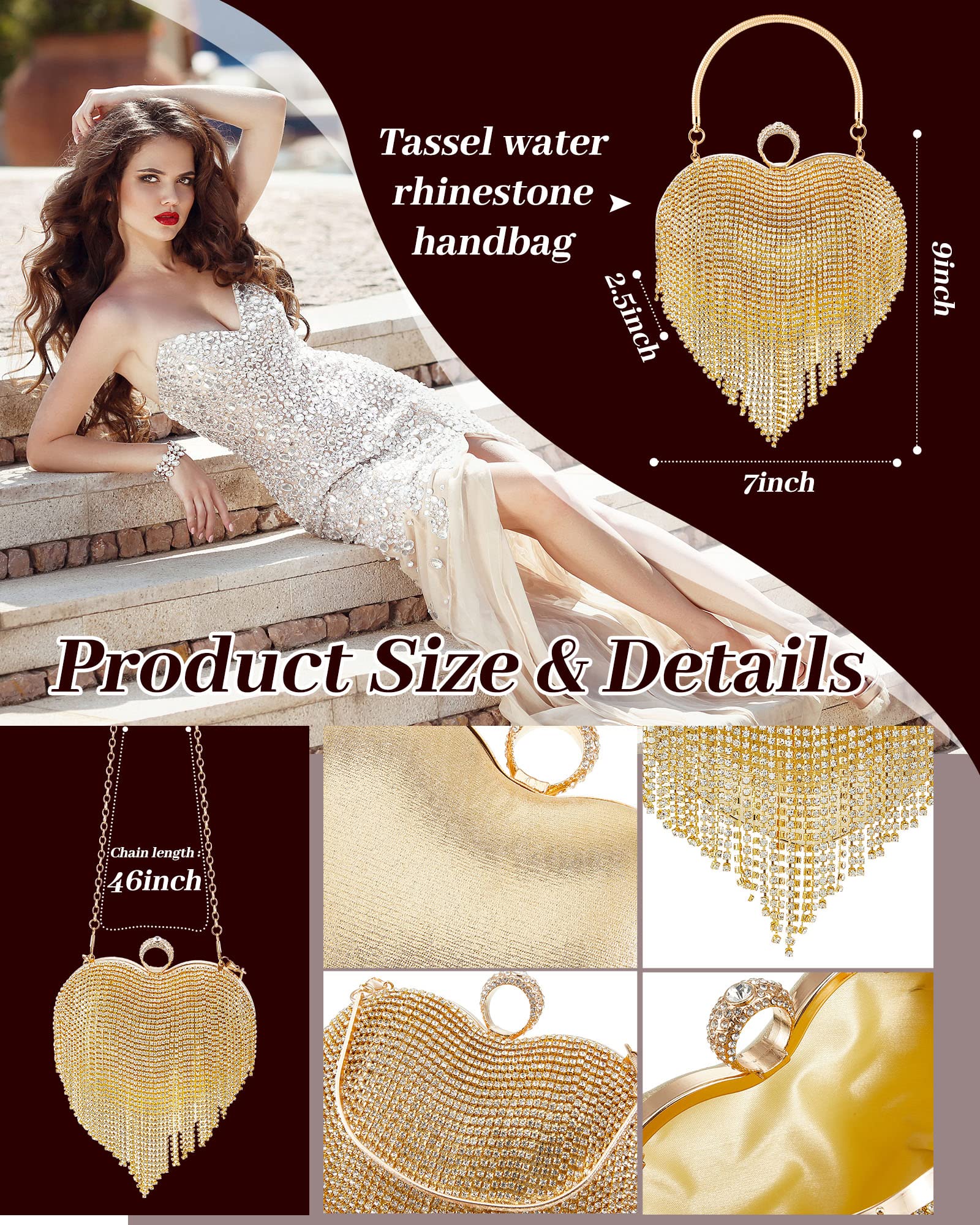 MTLEE 5 Pcs Heart Purse Rhinestone Tassel Evening Clutch Bag Valentine's Day Jewelry Set for Women Wedding Dinner (Gold)