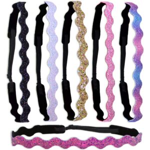 frog sac 6 glitter elastic headbands for girls, adjustable non slip thin stretch wavy sport headband hair bands for teens, cute stretchy zig zag nonslip teen girl sport hair accessories