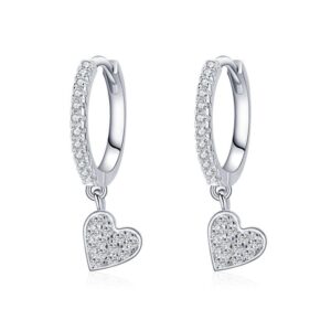 cz love heart dangle hoop earrings 925 sterling silver sparkling crystal rhinestone small huggie hoops cartilage earring dangling drop hinged earringfor women