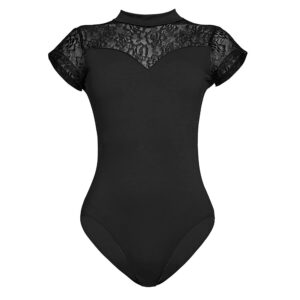 utowo ballet leotards for women black-lace short-sleeve dance gymnastics yoga leotards with elegant swan collar (large, black)