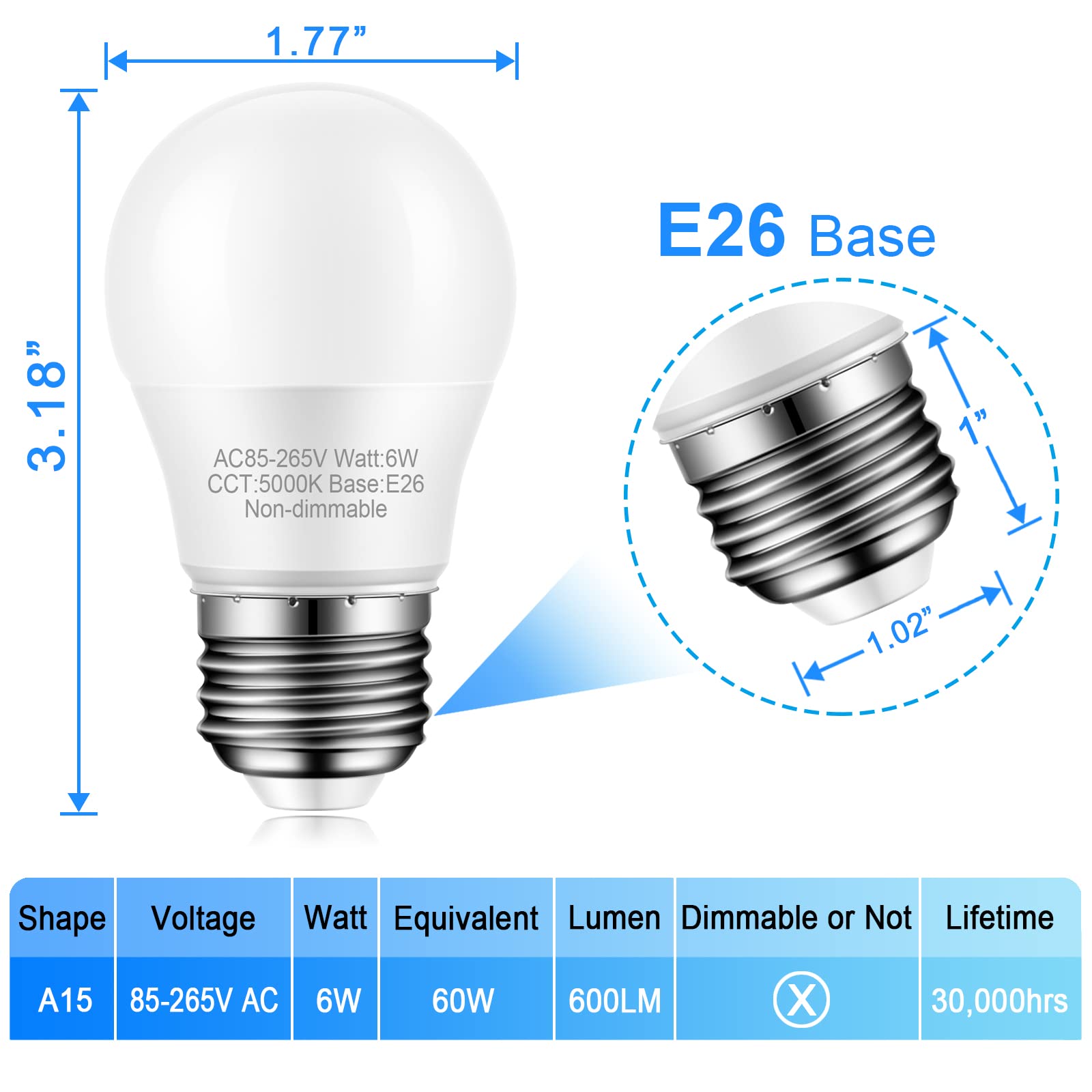 Marxlait 8-Pack Ceiling Fan Light Bulbs, 60 watt Equivalent, Daylight 5000K, E26 Medium Base, Bright A15 LED Bulbs, Small LED Appliance Bulb, 120V, Non-dimmable