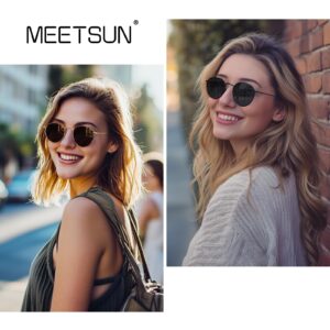 MEETSUN Small Round Polarized Sunglasses for Women Men Classic Retro Metal Frame Sun Glasses UV400 Gold Grey All Black