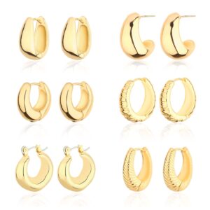 wgoud chunky huggie earring 14k gold hoop earrings for men women hypoallergenic, thick twist earring (6 prs chunky gold)