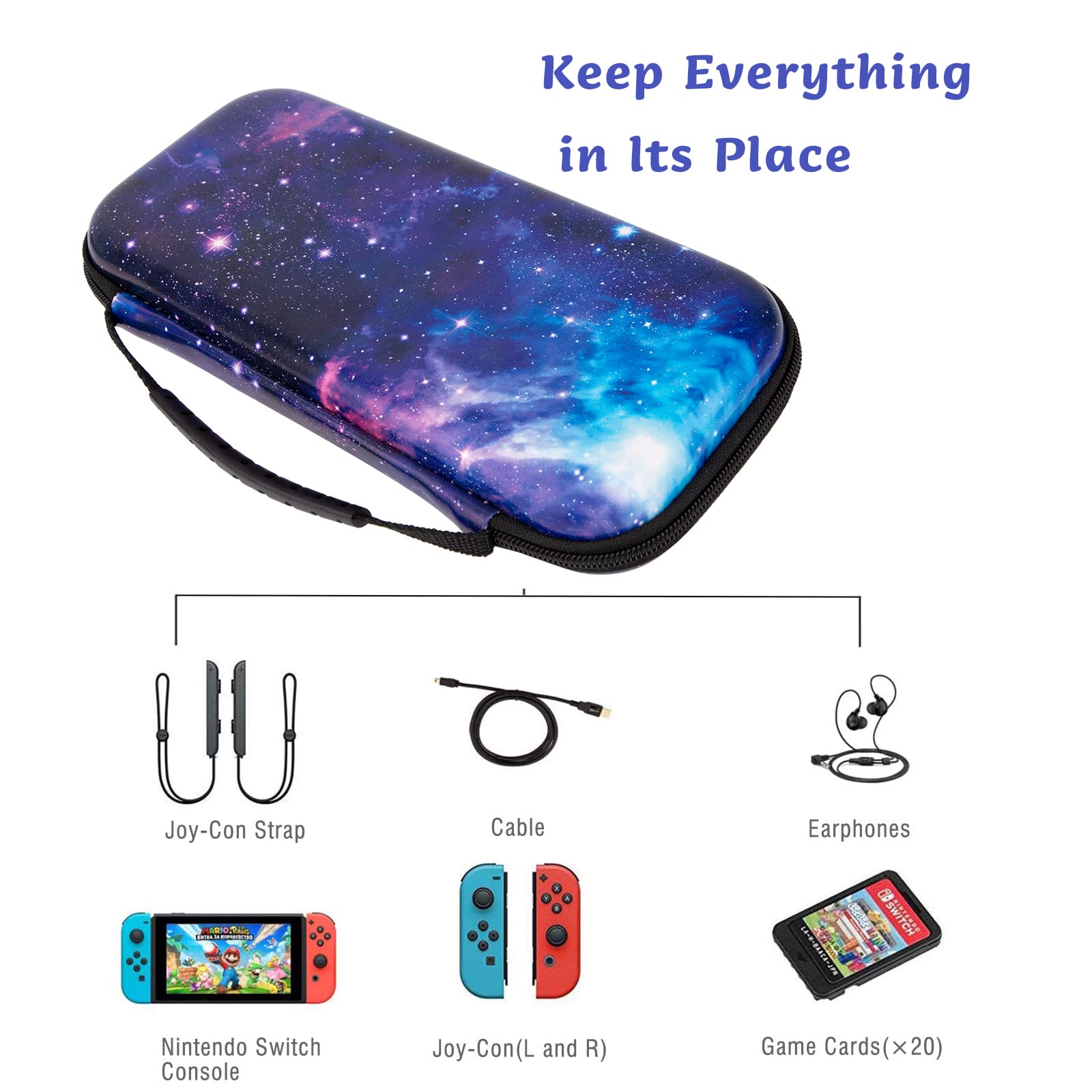 TCJJ Hard Carrying Case Compatible with Nintendo Switch,Galaxy Portable Travel Case with Soft TPU Protective Cover Case & Thumb Grips for Nintendo Switch,Black