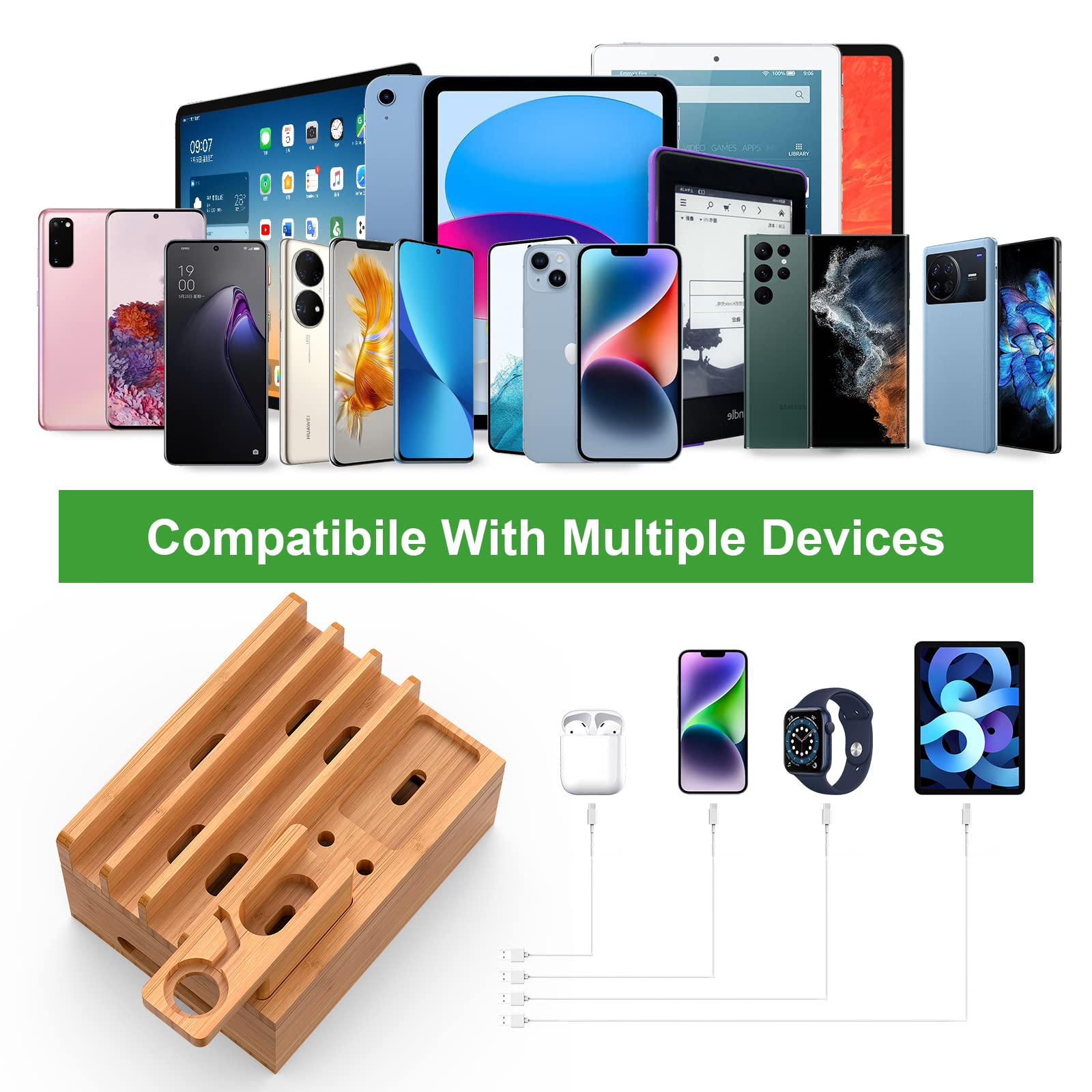 BEEBO BEABO Bamboo Charger Station for Multi Devices, Phone Charging Stand, 5 in 1 USB A Port Charging Station, Wooden Desktop Devices Organizer